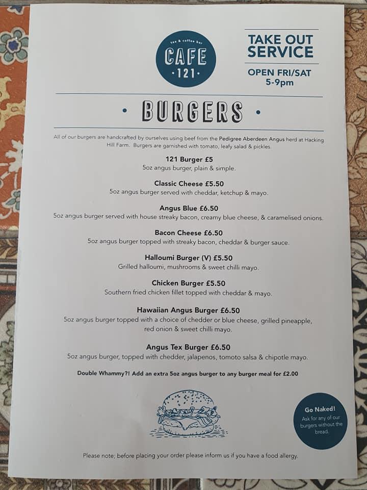 Menu at Cafe 121, Penistone