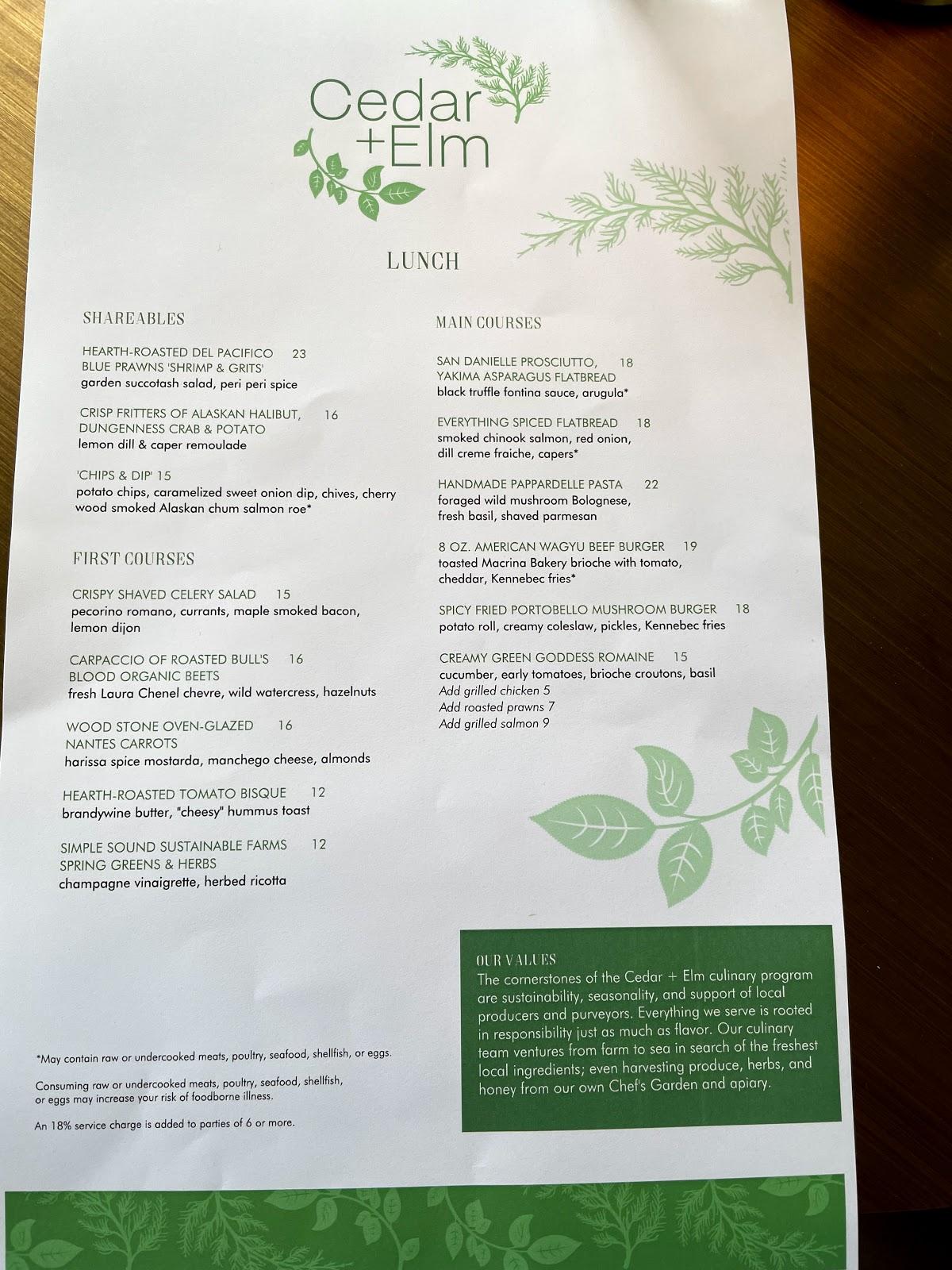 Menu at Cedar + Elm restaurant, Kenmore