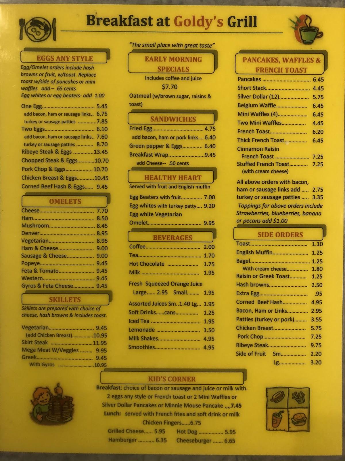 Menu at Goldy's Grill cafe, Park Ridge