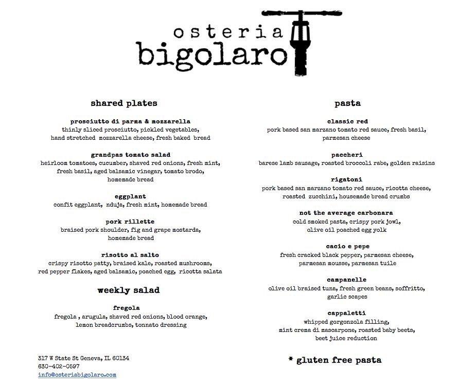 Menu at Osteria Bigolaro restaurant, Geneva