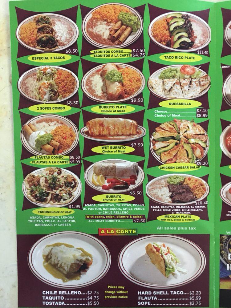 Menu at Tacos Don Nacho restaurant, Oklahoma City