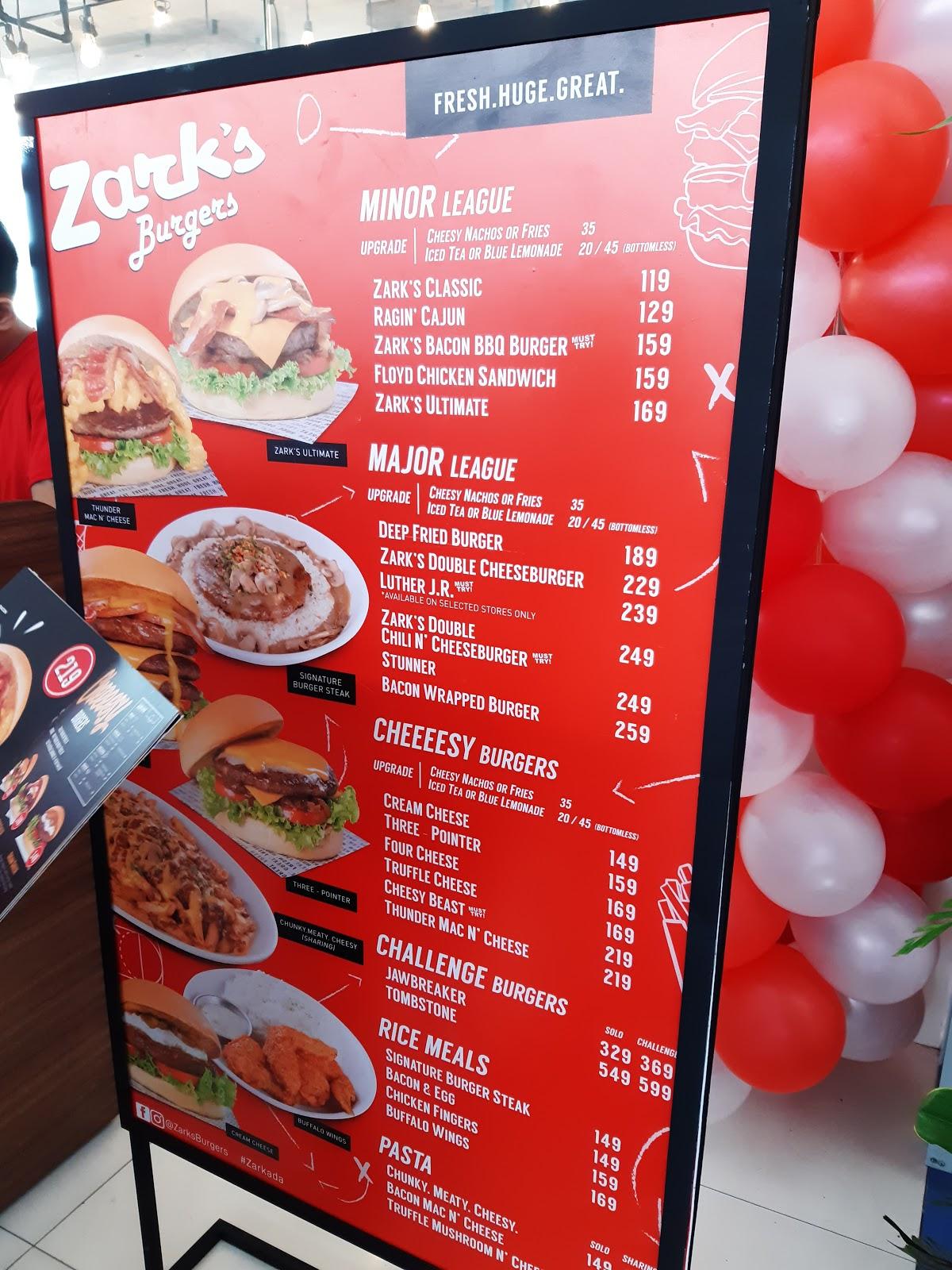 Menu at Zark's Burgers restaurant, Naga