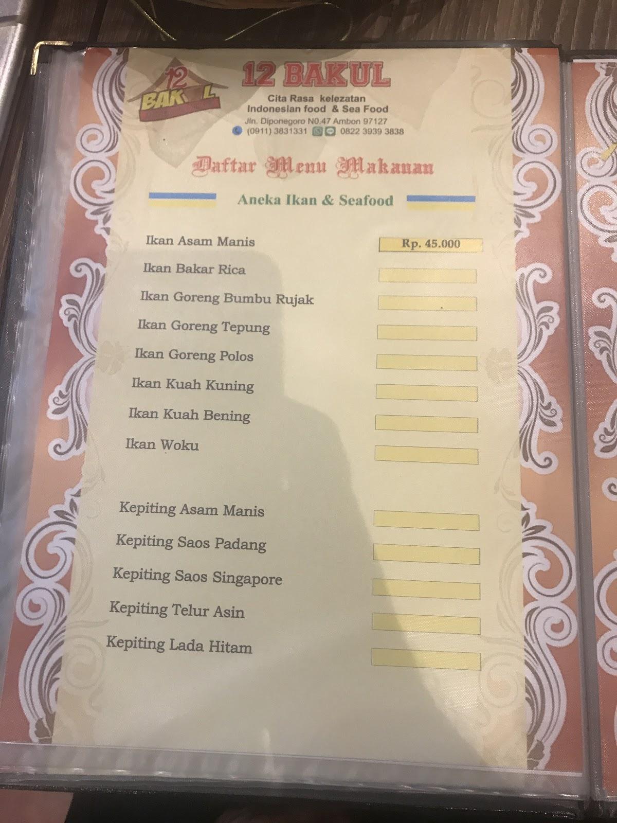 Menu at 12 Bakul Resto Ambon restaurant, Teluk Ambon