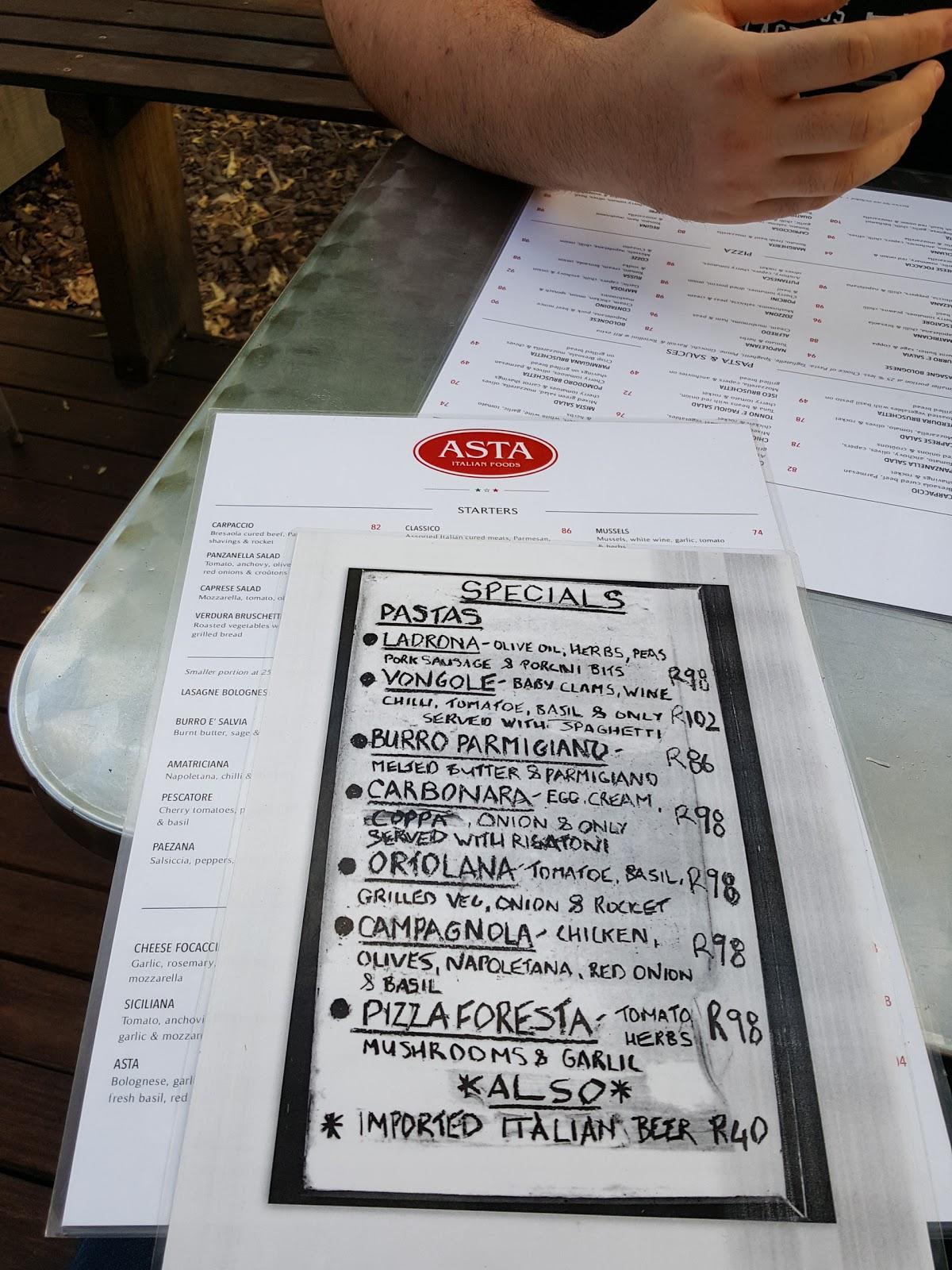 Speisekarte von Asta Italian Restaurant, Stellenbosch