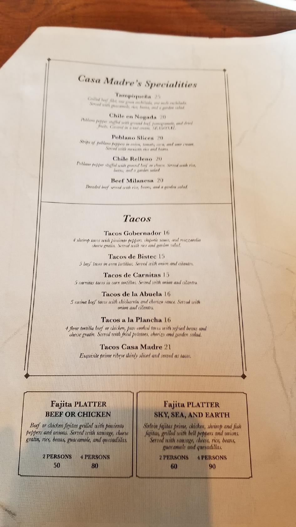 Menu at Casa Madre Brunch & Grill restaurant, McAllen