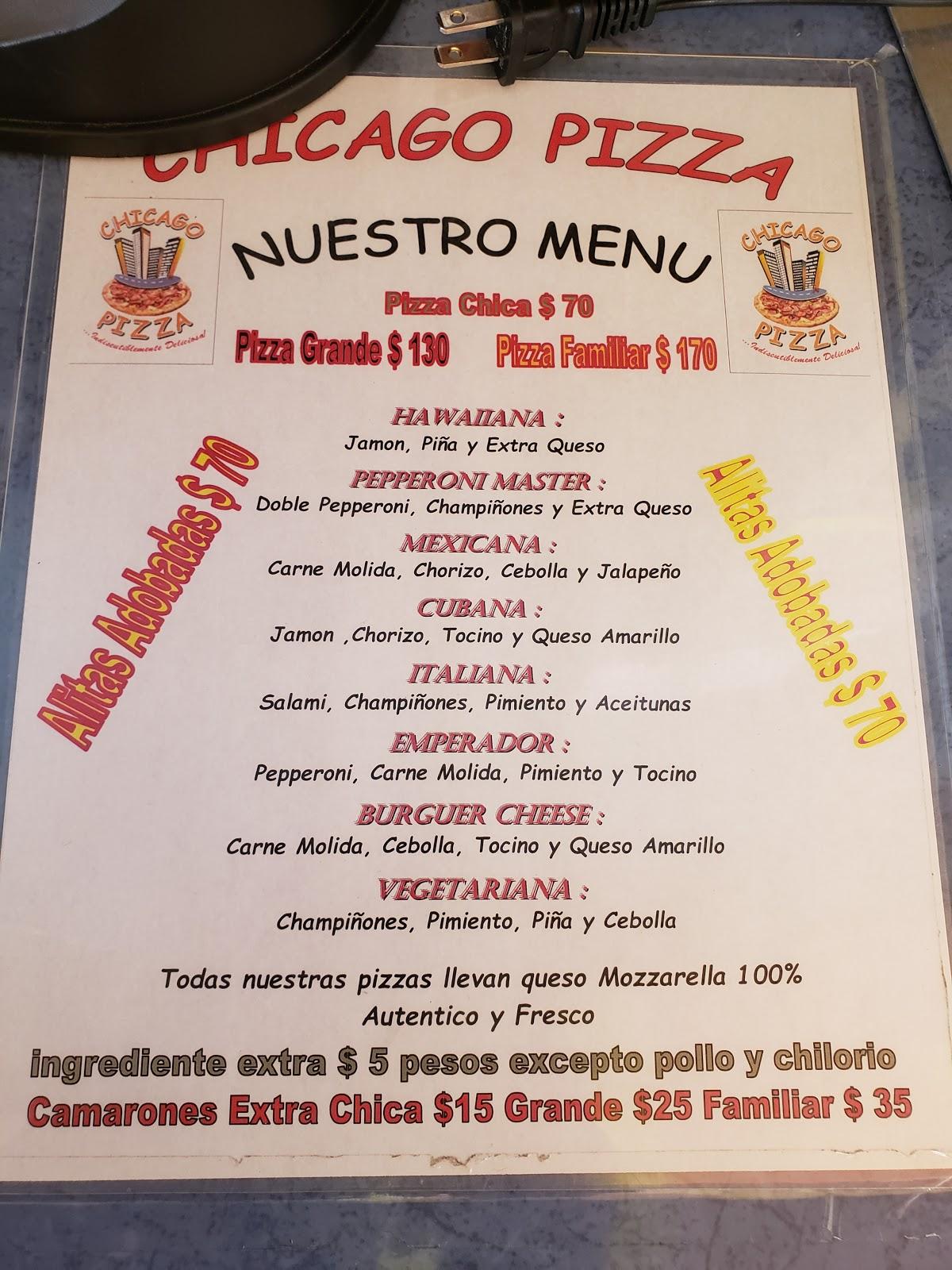 Menu at Chicago Pizza restaurant, Morelia