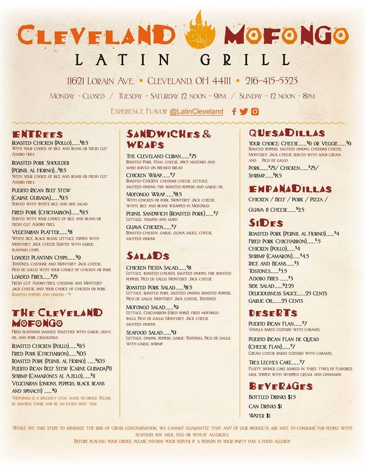 Menu at Cleveland Mofongo Latin Grill restaurant, Cleveland