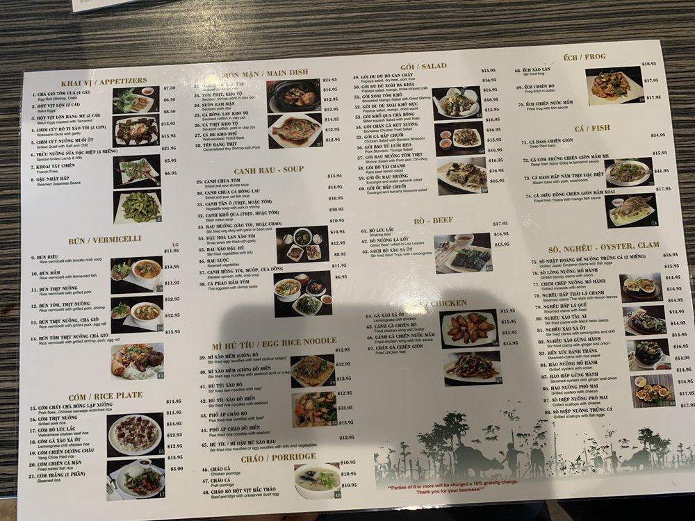 Menu at Dong Que Restaurant, San Jose