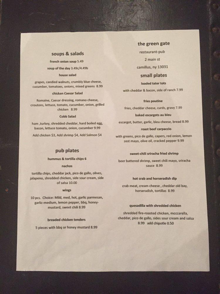Menu at Green Gate Inn pub & bar, Camillus