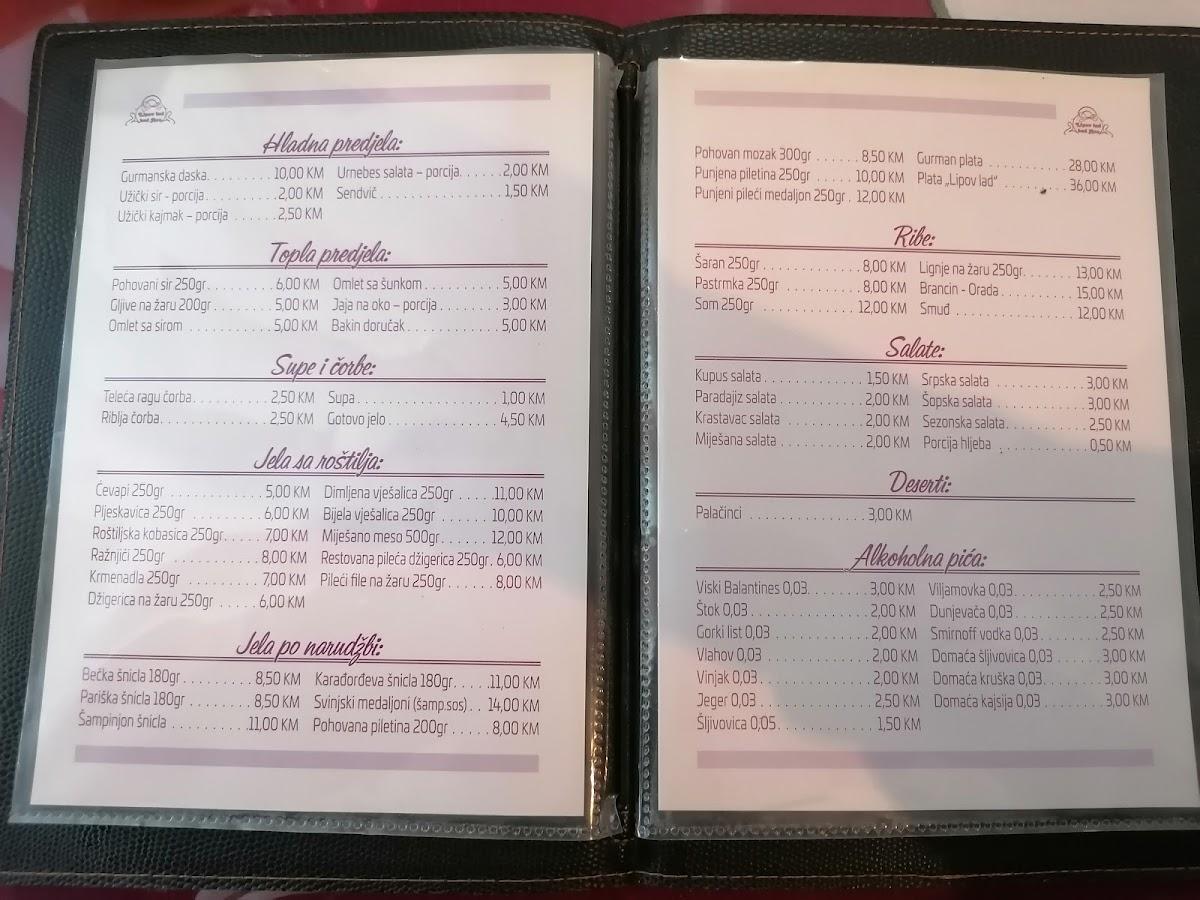 Menu at Lipov lad at Aco restaurant, Bijeljina