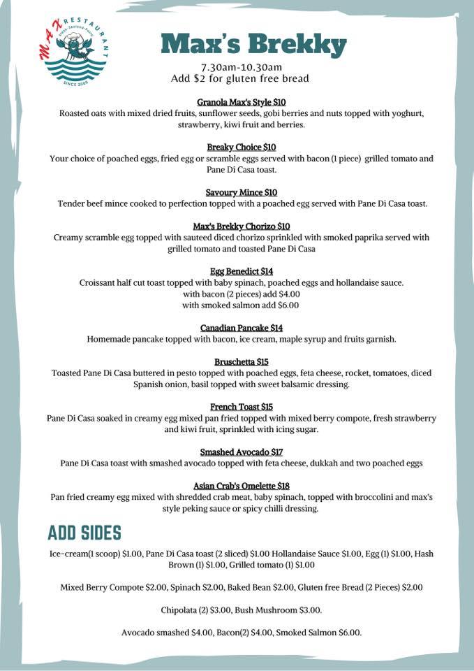 Menu at Max Seafood Restaurant, Broadbeach