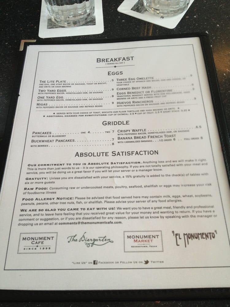 Menu at Monument Cafe, Georgetown, 500 S Austin Ave