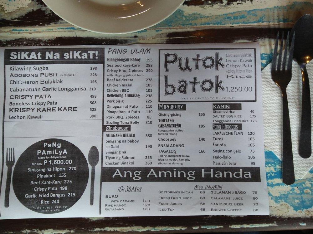 Menu at Hapag Vicenticos restaurant, Cabanatuan City