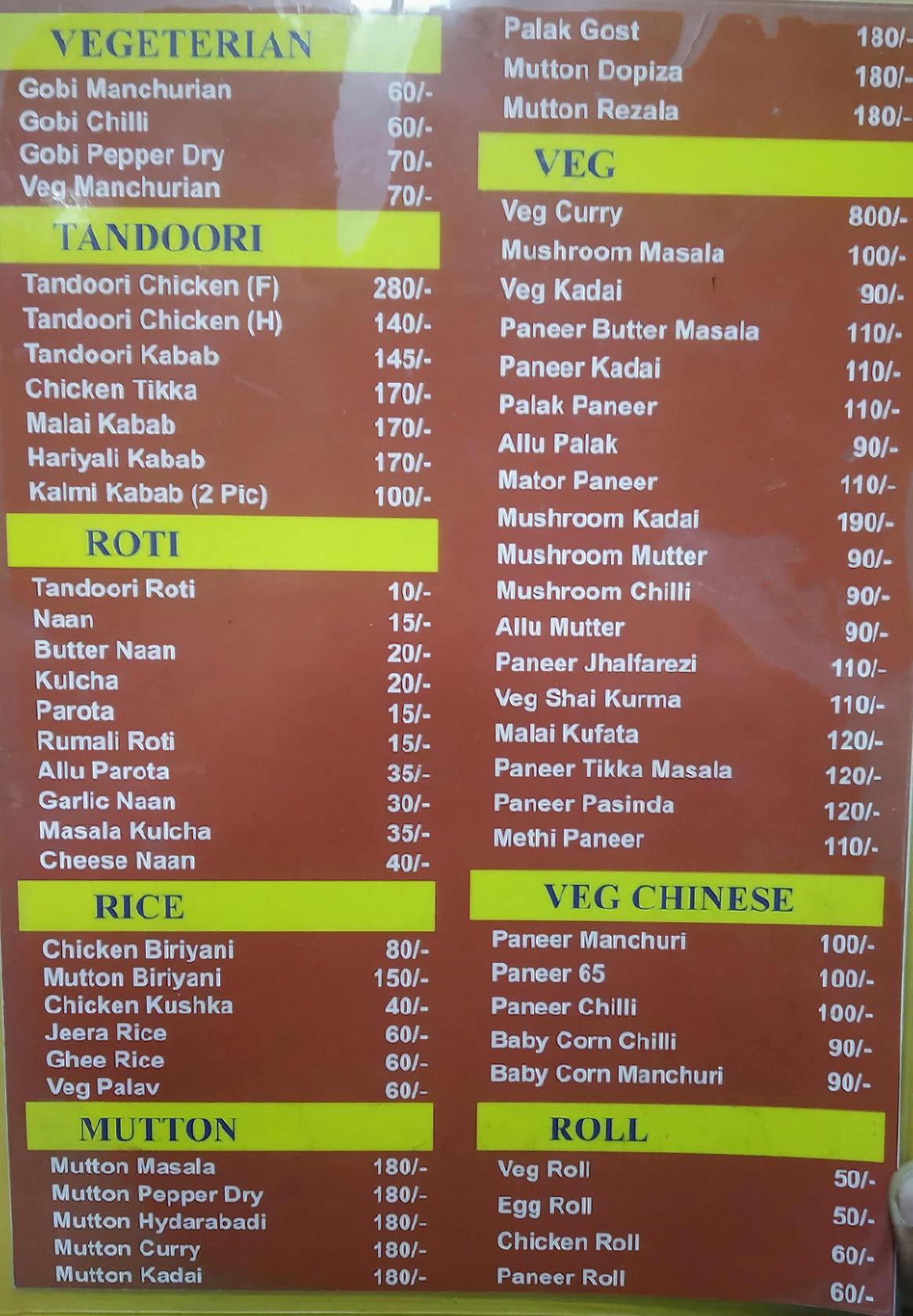 Menu at Chef's Restaurant north indian veg non veg, Bengaluru