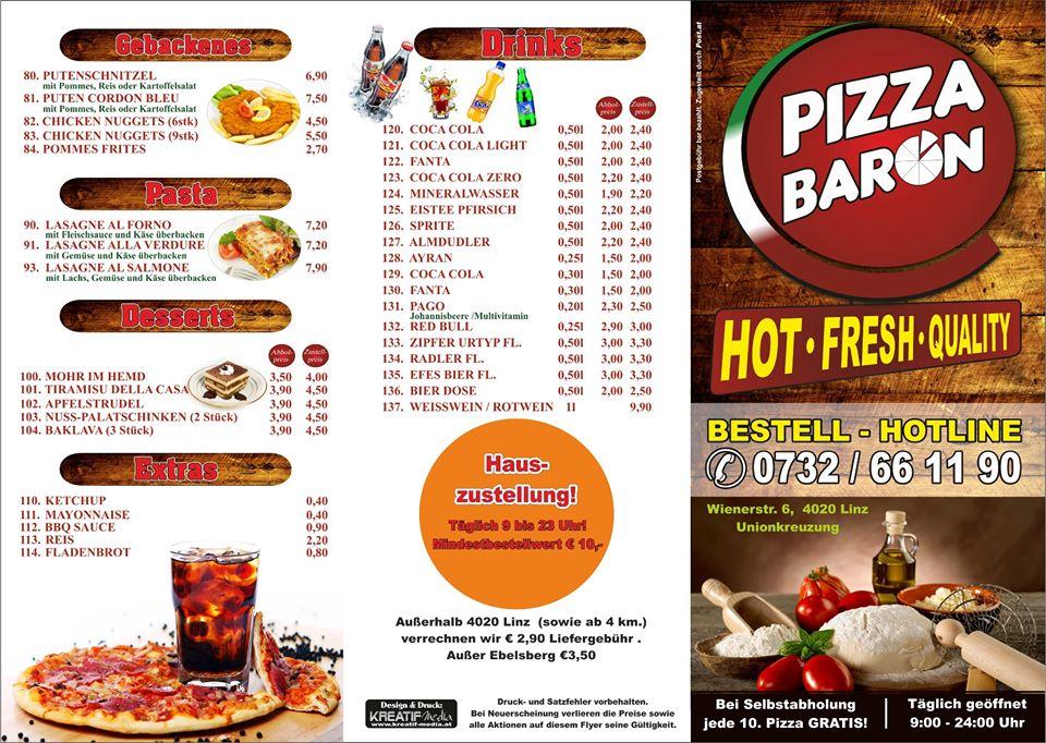 Menu at Pizza Baron, Linz