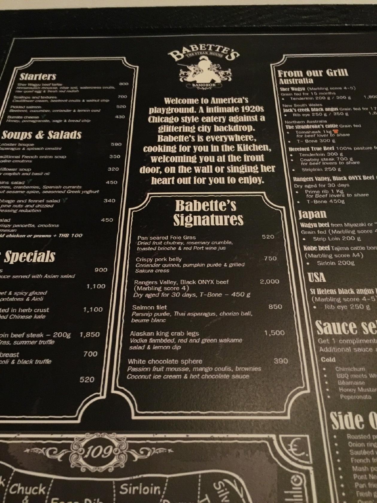 Menu at Babette's The Steak House pub & bar, Bangkok