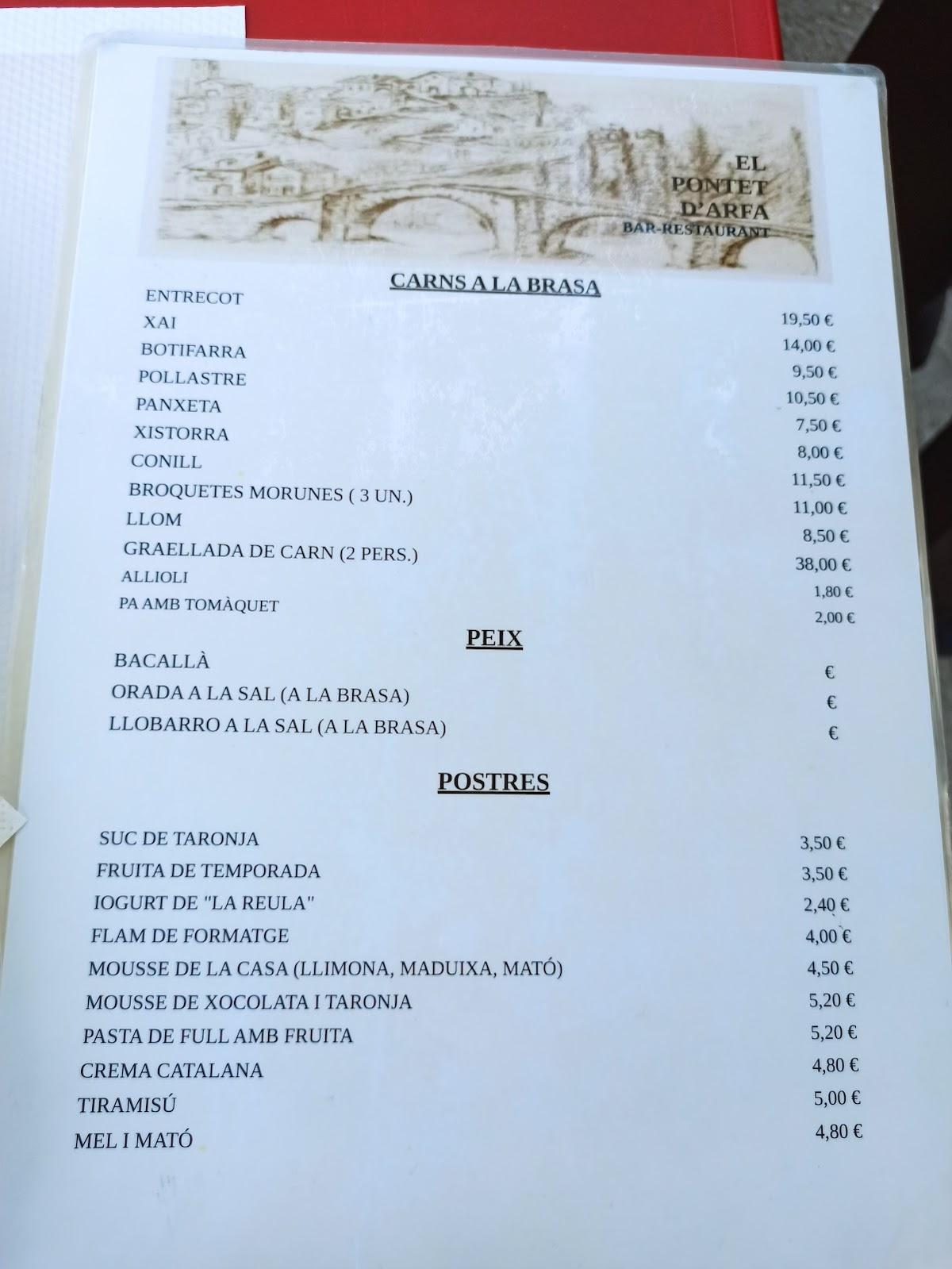 Menu at El Pontet d'Arfa pub & bar, Arfa