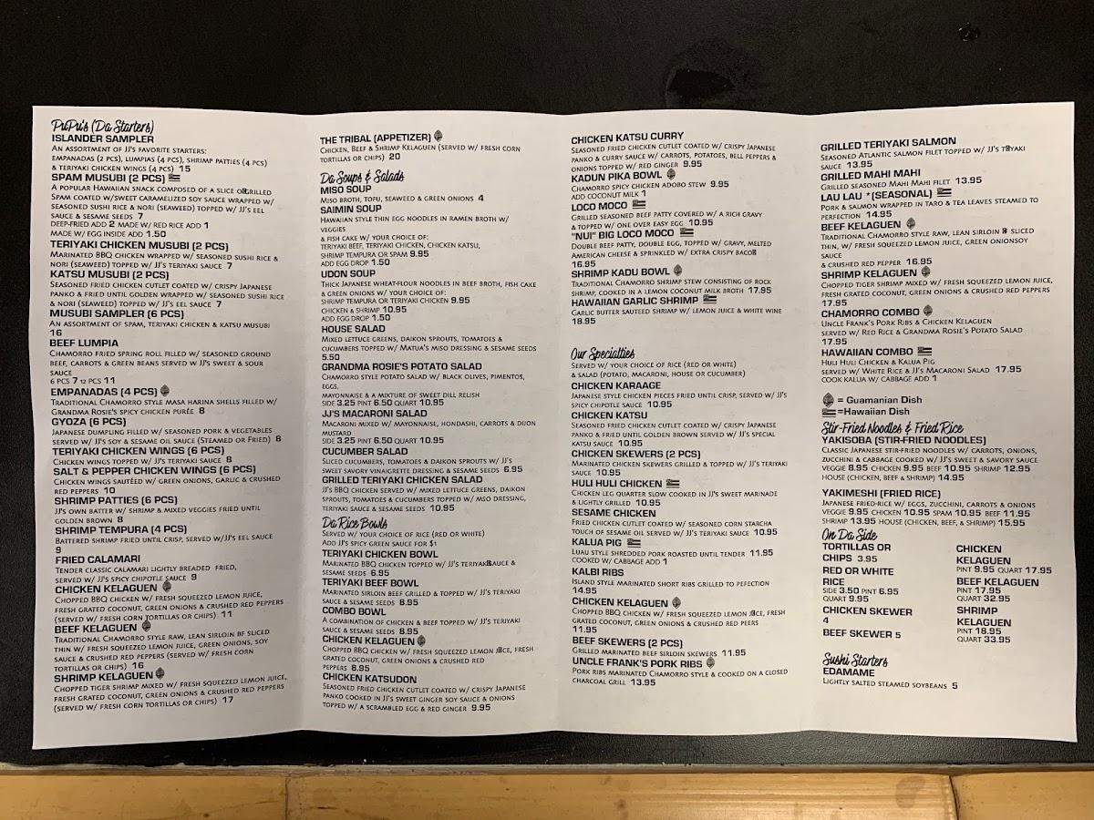 Menu at JJ’s Island Grindz restaurant, Bonita, Bonita Rd