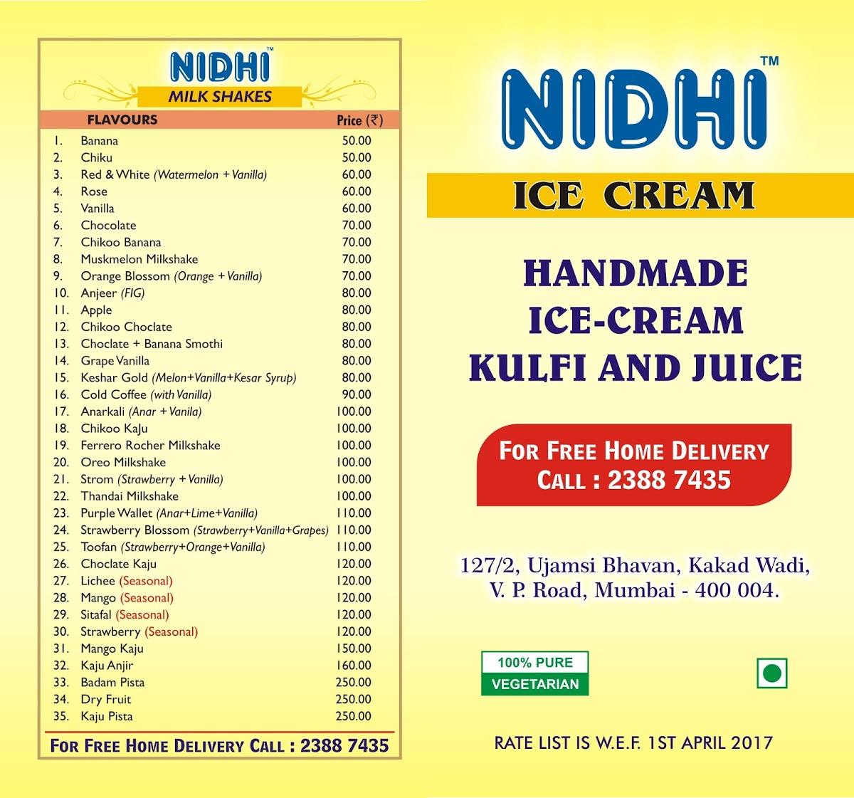 Menu at Nidhi Juice & Ice Cream Centre, Mumbai