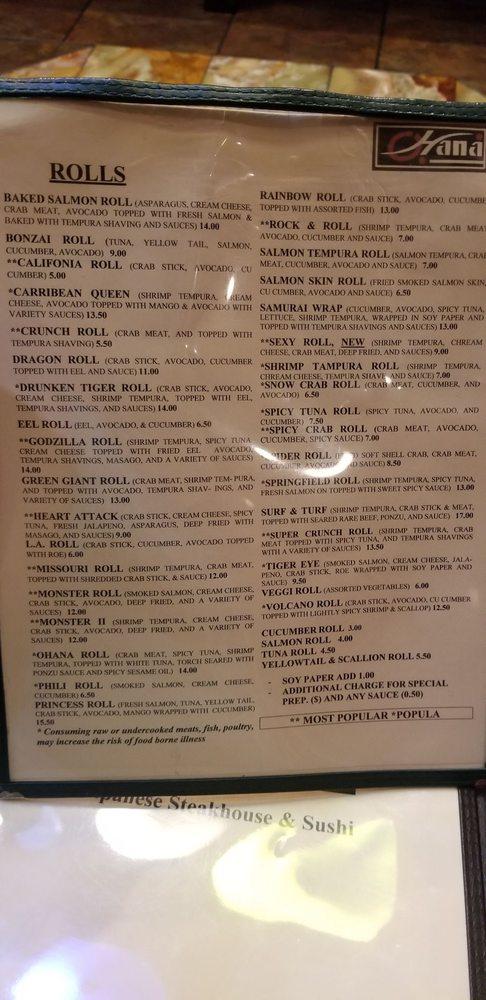 Menu at O'Hana Japanese Steakhouse, Springfield