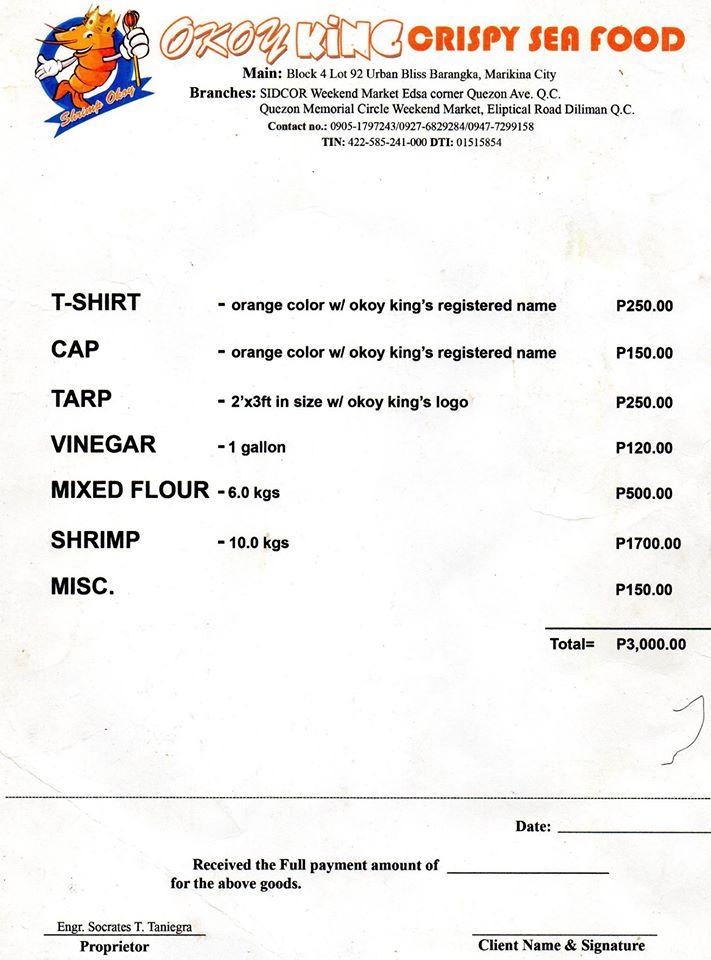 Menu at Okoy King Crispy Seafoods & BBQ, Marikina