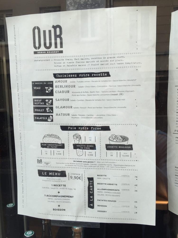 Menu at Our Kebab restaurant, Paris, 12 Rue de Paradis