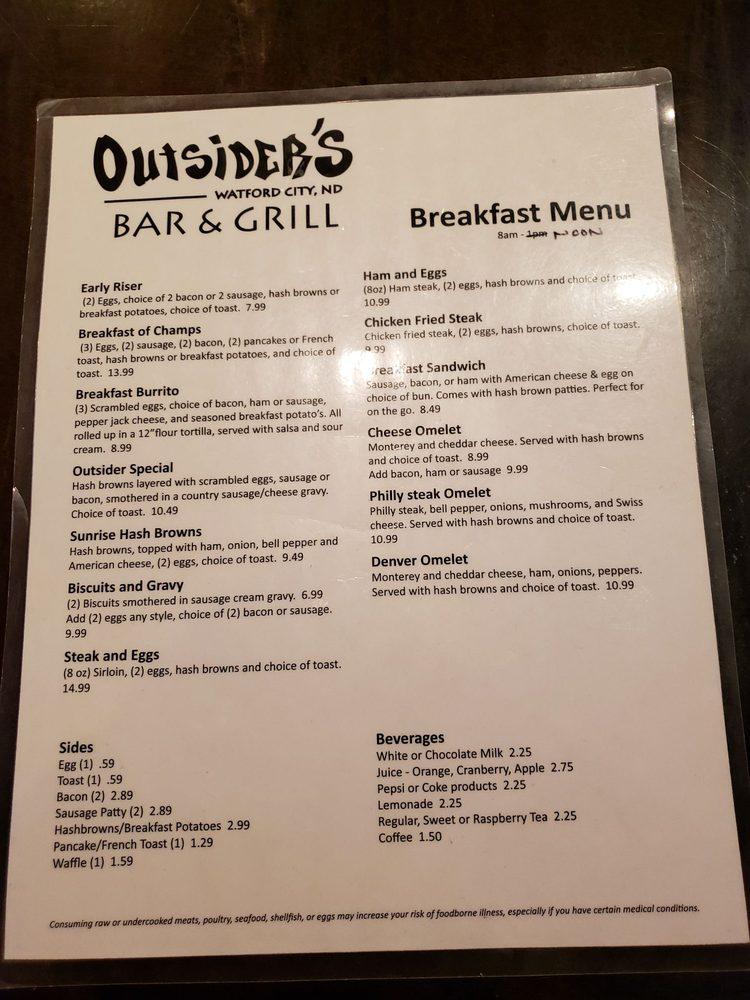Menu at Outsider's Bar & Grill, Watford City