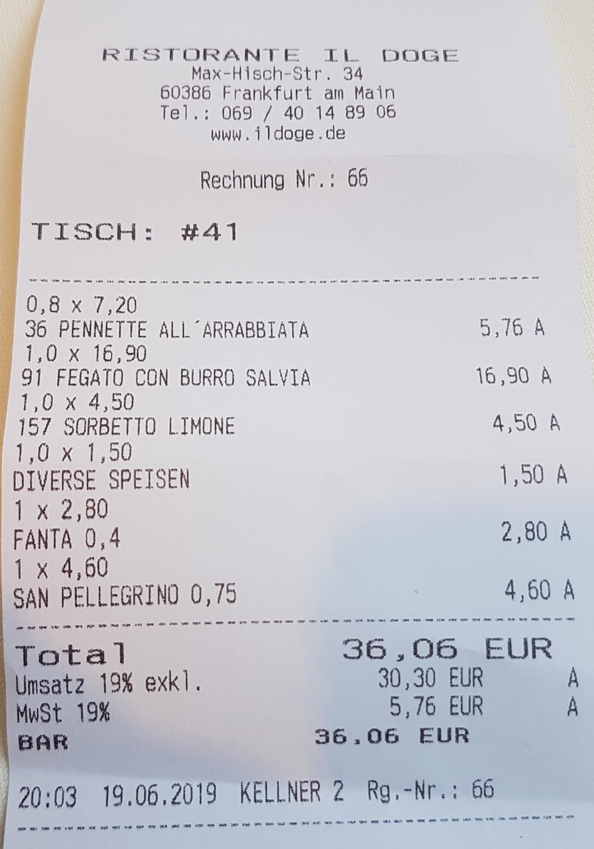 Speisekarte von Restaurant Il Doge, Frankfurt am Main