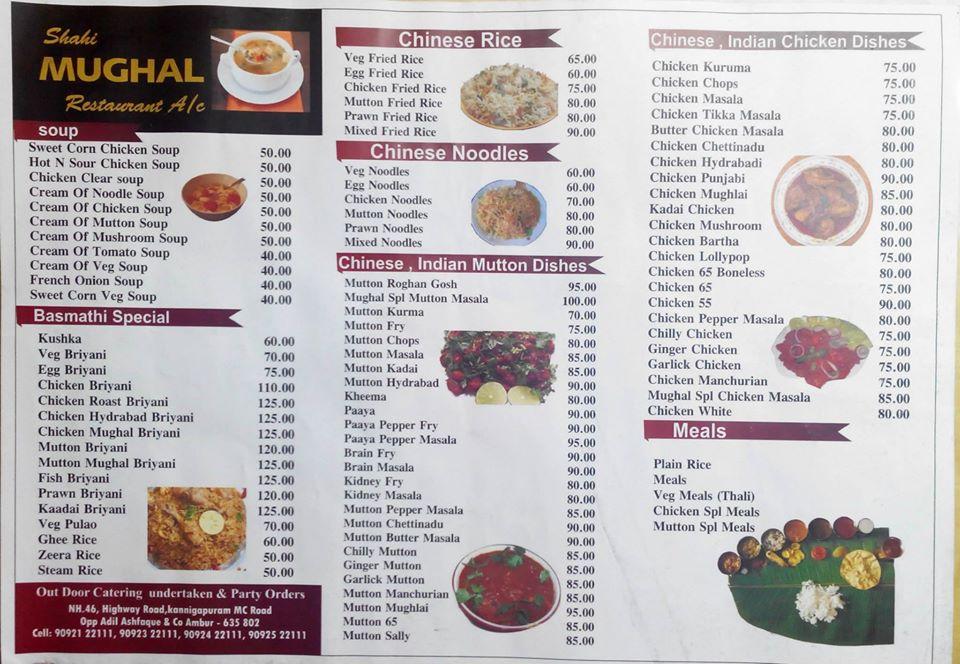 Menu at Shahi Mughal, Ambur