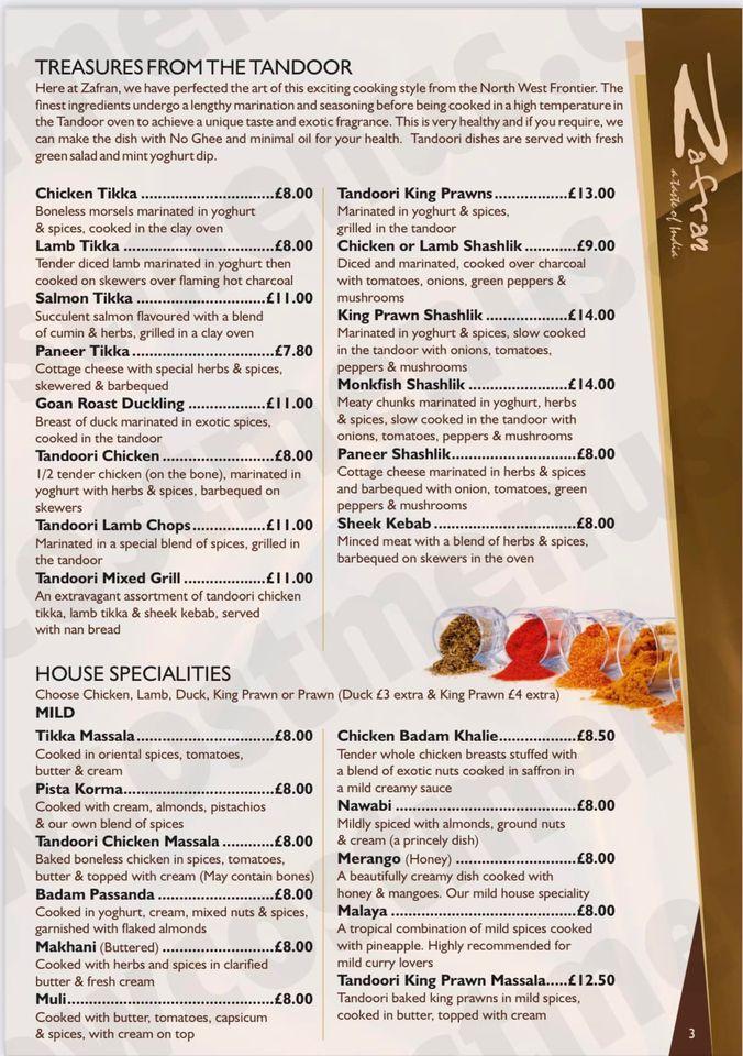 Menu at Zafran Indian Restaurant, Neath