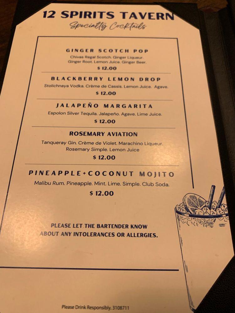 Menu at 12 Spirits Tavern pub & bar, Denver