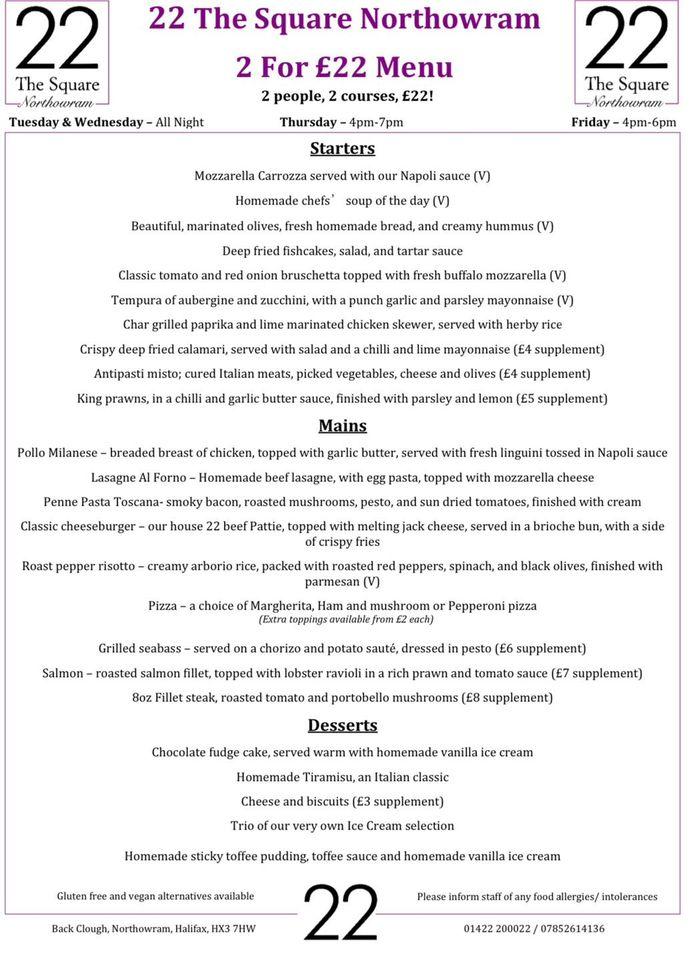 Menu at 22 The Square Restaurant, Halifax