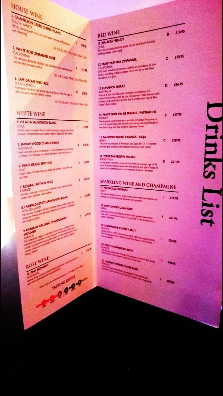 Menu at Blue Ginger restaurant, Middlewich