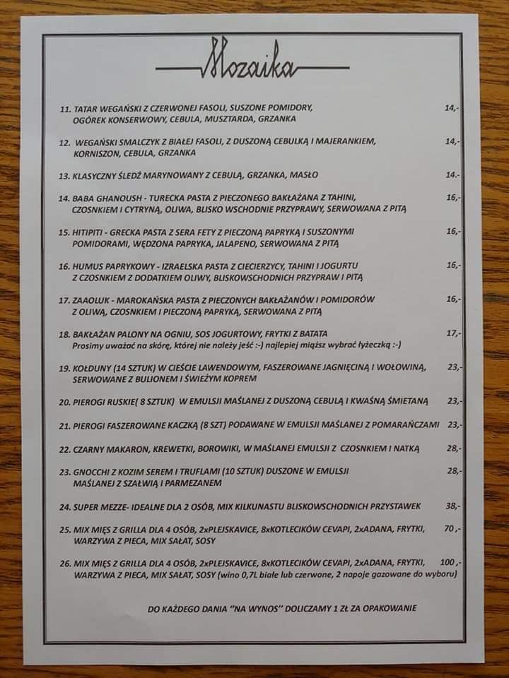 Menu at Cafe Mozaika, Warsaw