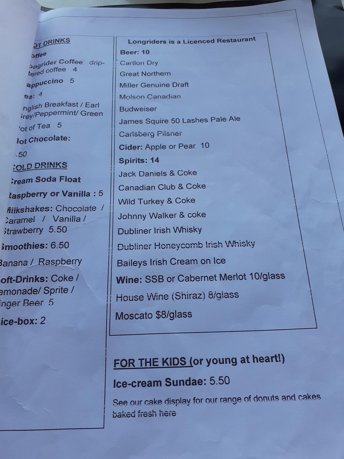 Menu at Longriders Cafe & Restaurant, Dwellingup