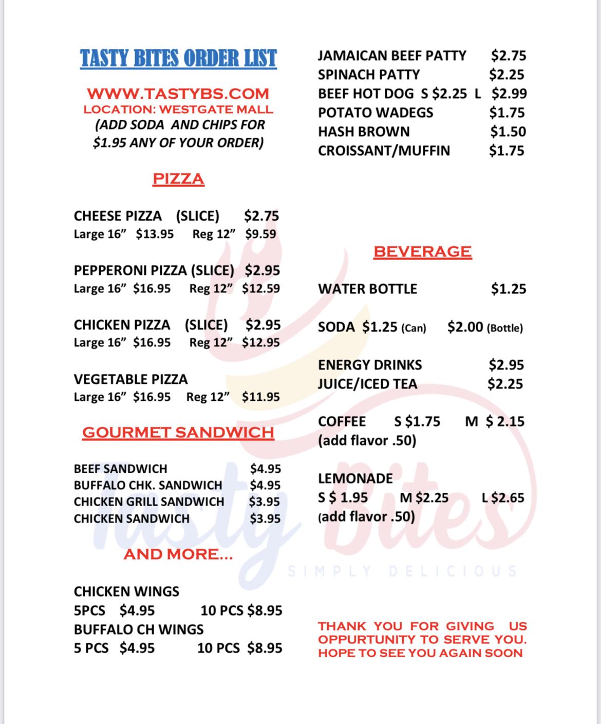 Menu at TASTY BITES restaurant, Brockton