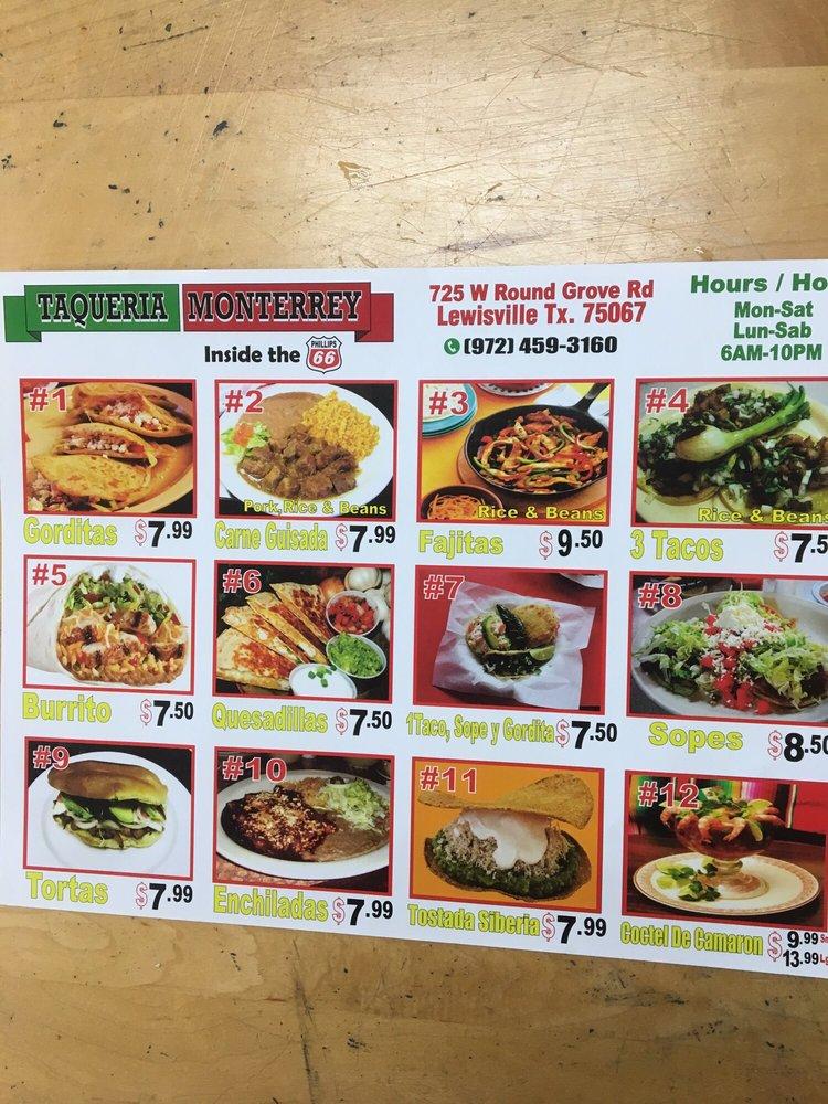 Menu at Taqueria Monterrey restaurant, Lewisville, 725 W Round Grove Rd