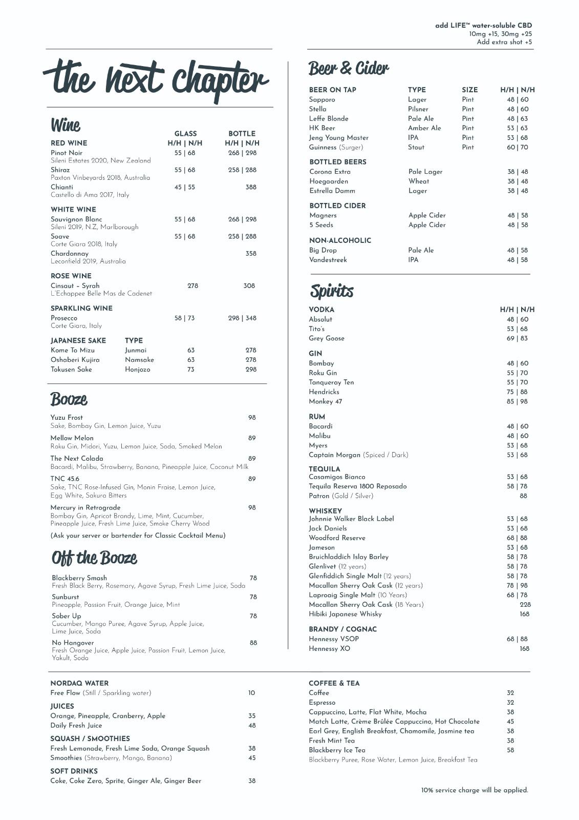 Menu at The Next Chapter restaurant, Hong Kong, Shop R&S