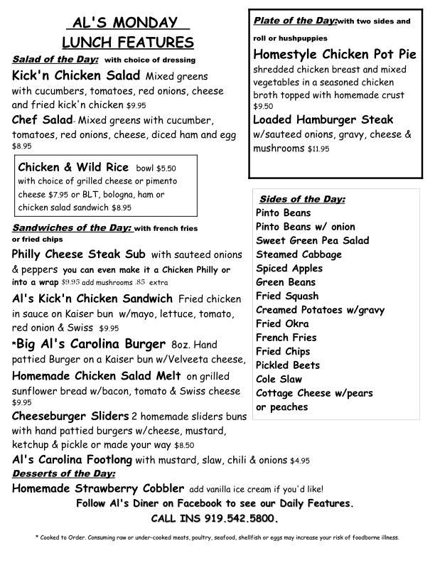 Menu at Al's Diner restaurant, Pittsboro