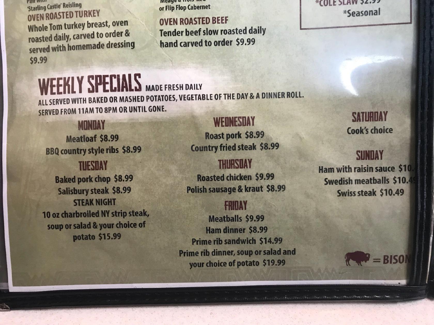 Menu at Big Chief Cafe, Fergus Falls, Big Chief Rd