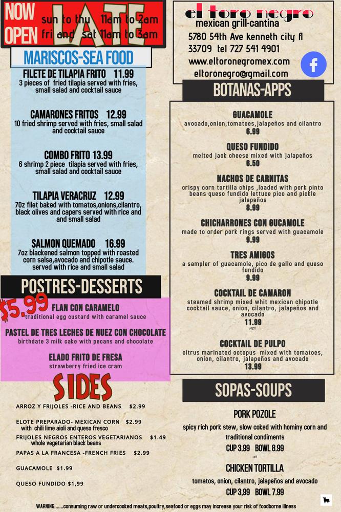 Menu at El Toro Negro (the black bull) mexican buffet y taqueria ...