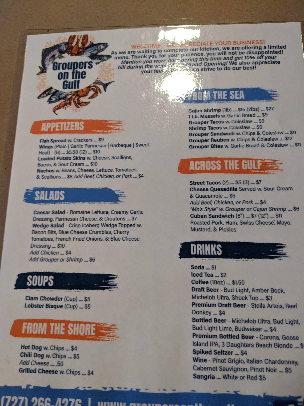 Menu at Groupers on the Gulf restaurant, Indian Rocks Beach