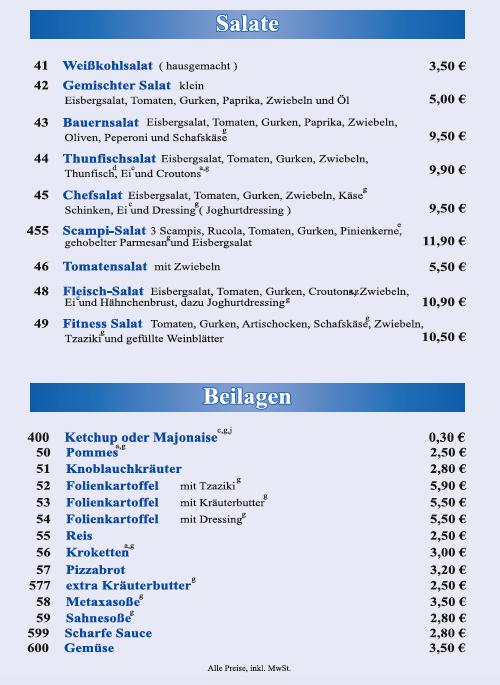 Menu at Hellas restaurant, Sulingen