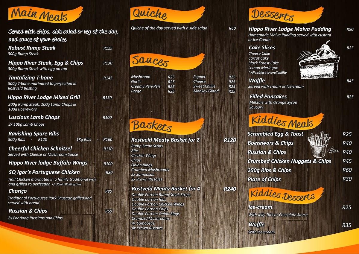 Menu at Hippo River Lodge Witbank, Emalahleni