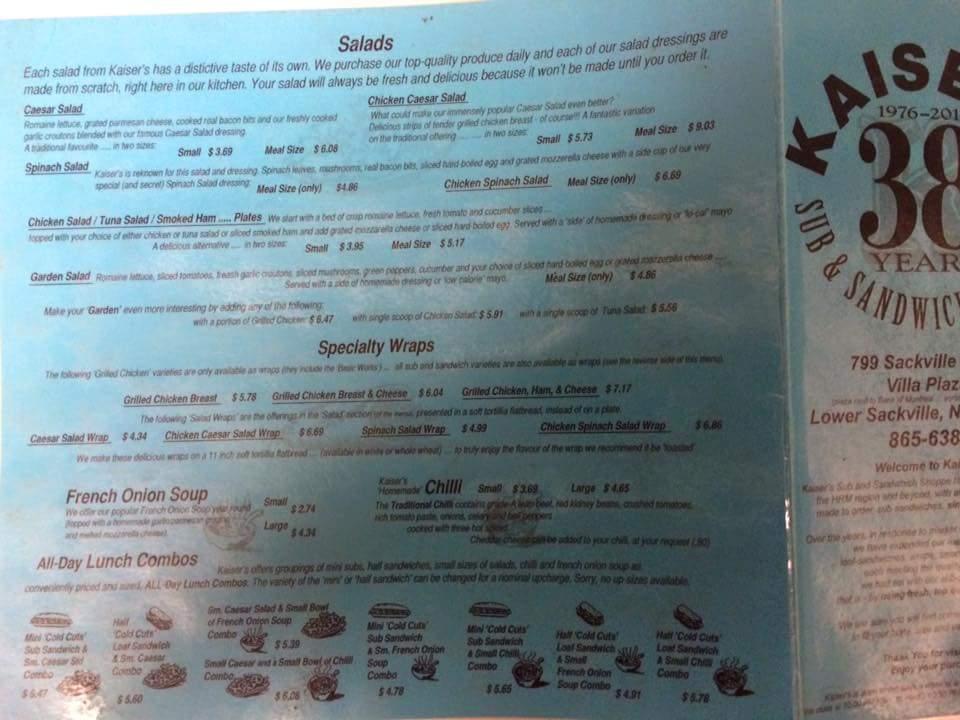 Menu au Kaiser's Sub & Sandwich Shoppe restaurant, Lower Sackville