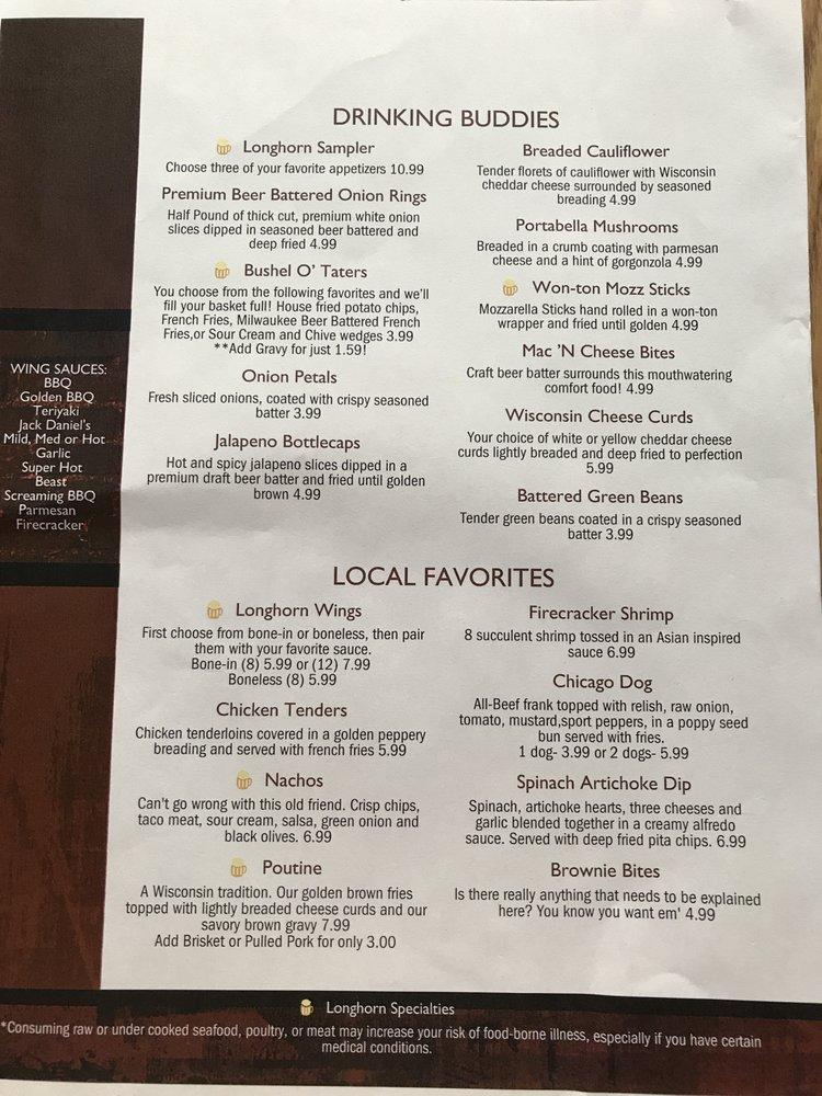 Carta del pub y bar Longhorn Saloon, Shawano, S Main St