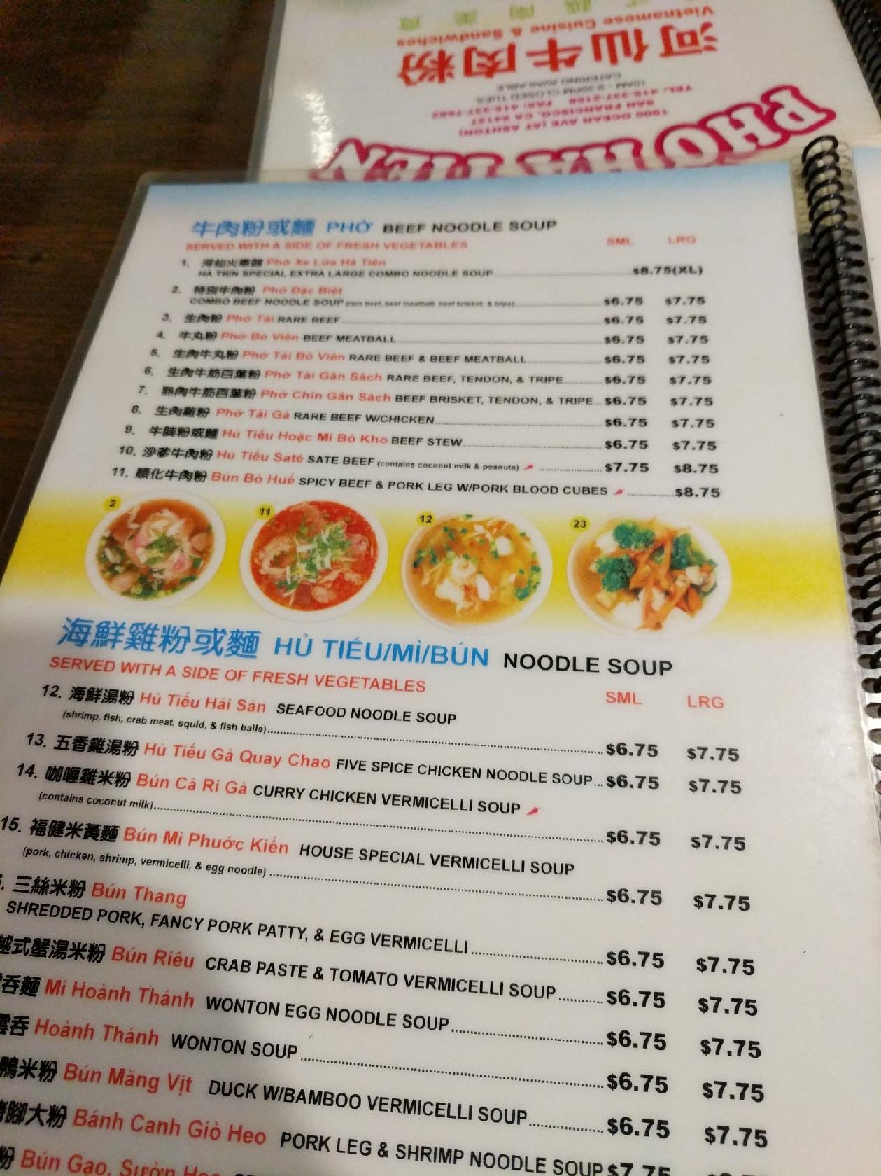 Menu at Phở Hà Tiên restaurant, San Francisco