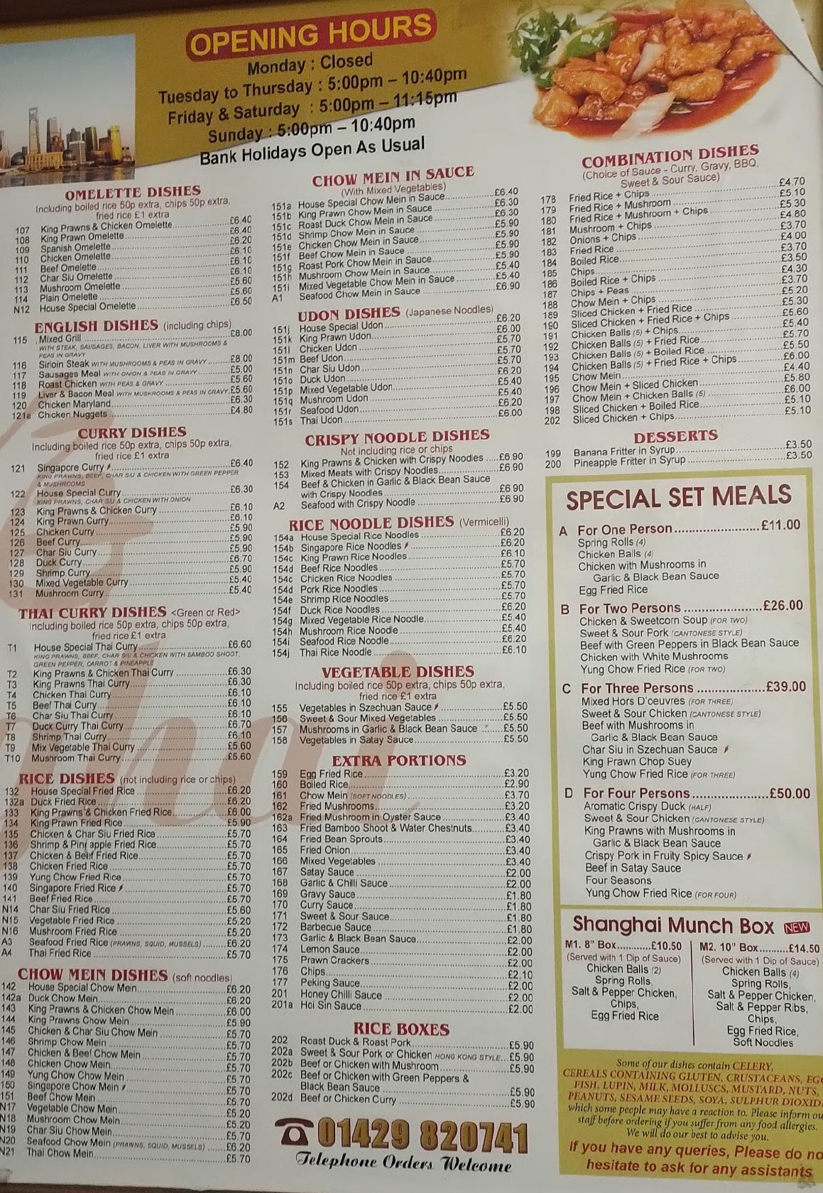 Menu at Shanghai Chinese Take Away fast food, Thornley