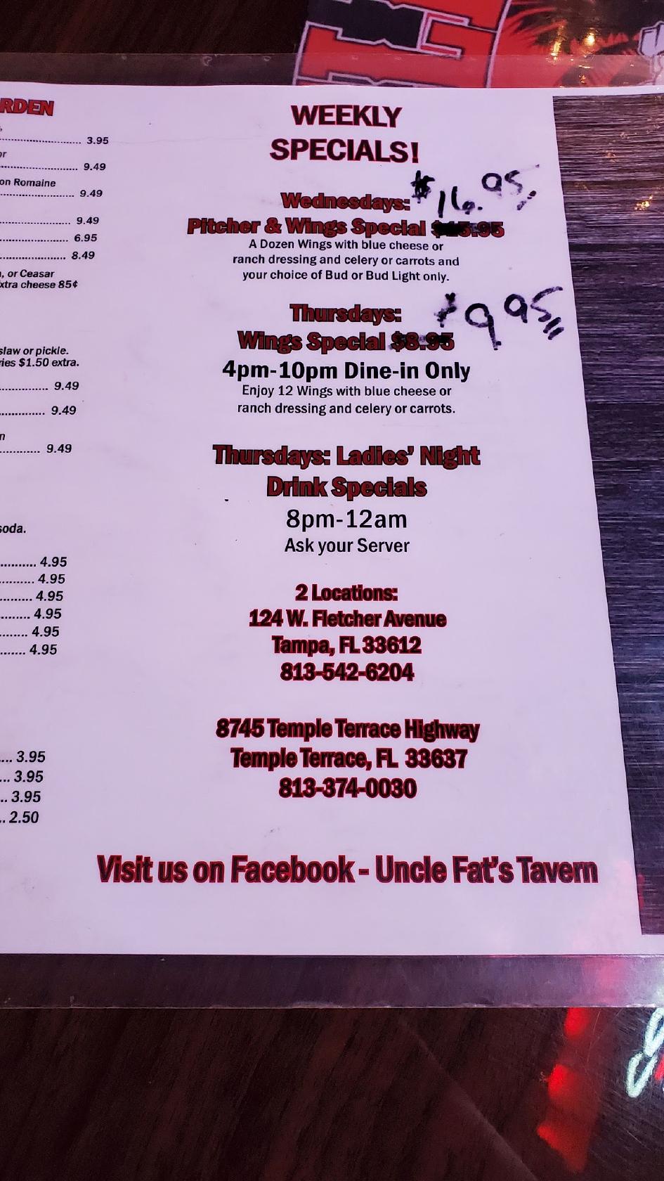 Menu at Uncle Fats Tavern pub & bar, Temple Terrace