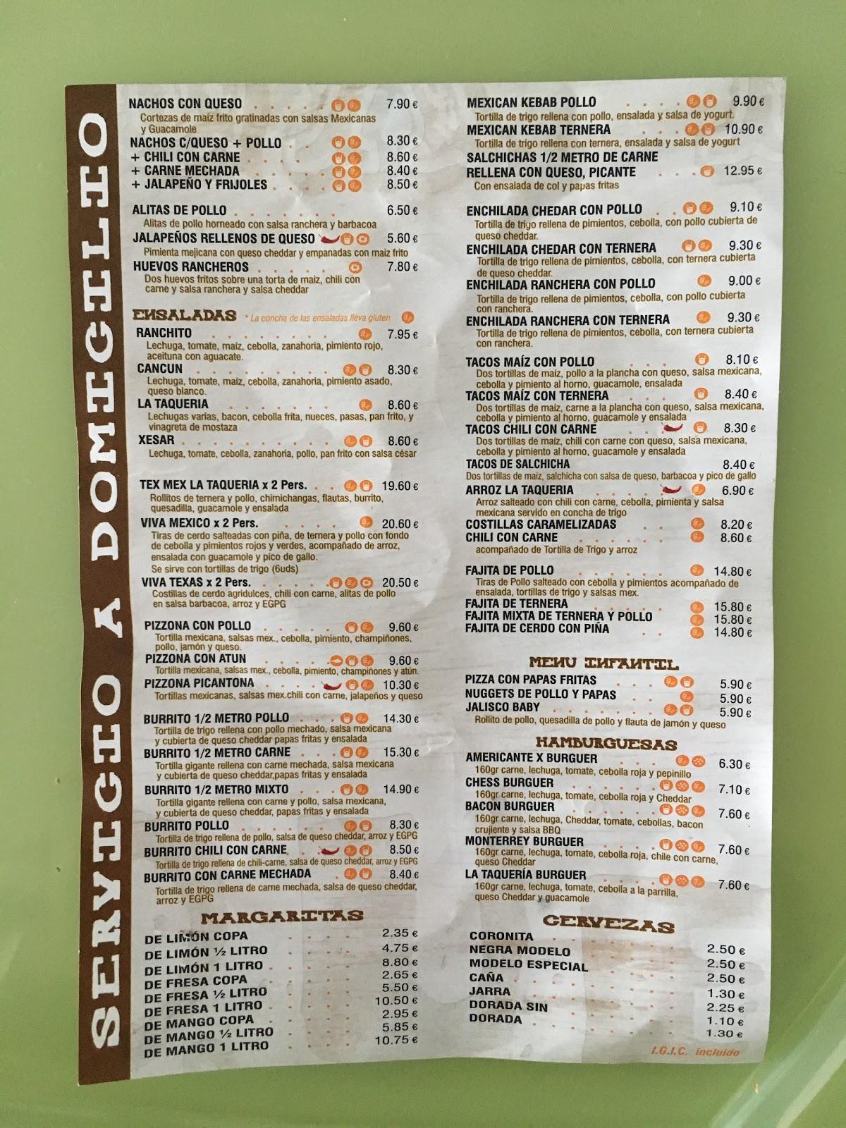 Menu at Viva Mexico restaurant, Playa de las Américas